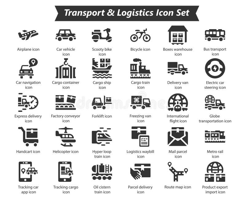 Transport and Logistics Black Icon Set Stock Vector - Illustration of ...