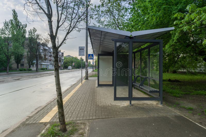 Transport Stop on the Street. Side View Stock Image - Image of tree ...