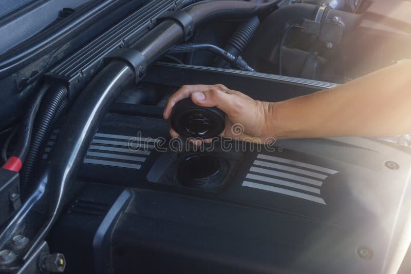 Hand Man Open Oil Cap on Motor Machine for Check Oil Stock Image ...