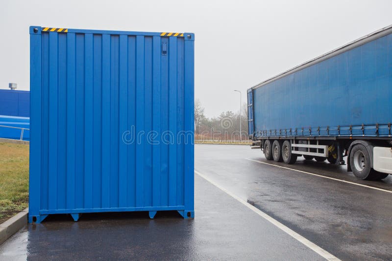 Transportation Container and Truck on Parking Stock Photo - Image of ...