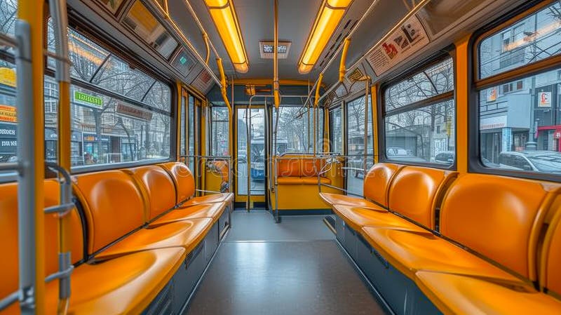 Transportation Hub: Interior View of Bus and Tram, Ready for Passengers ...