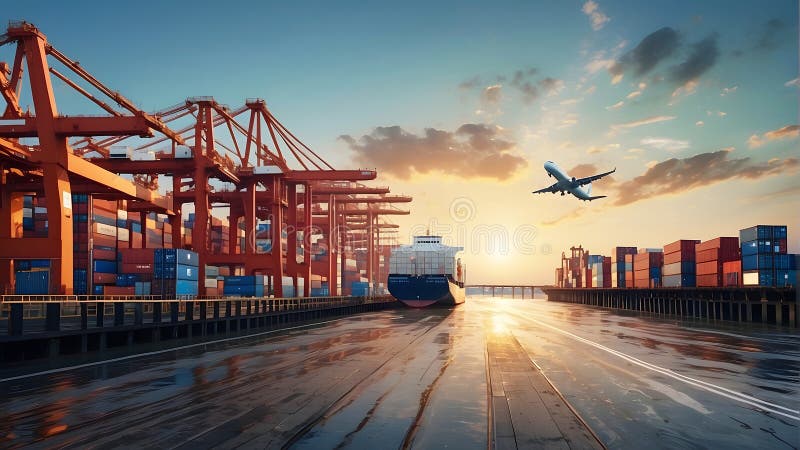 Transportation and Logistics of Container Cargo Ship at the Harbor. 3d ...