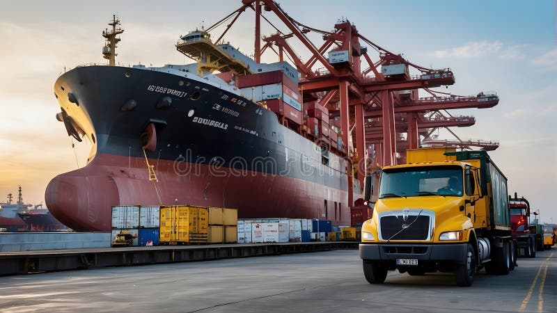 Transportation and Logistics of Container Cargo Ship at the Harbor. 3d ...