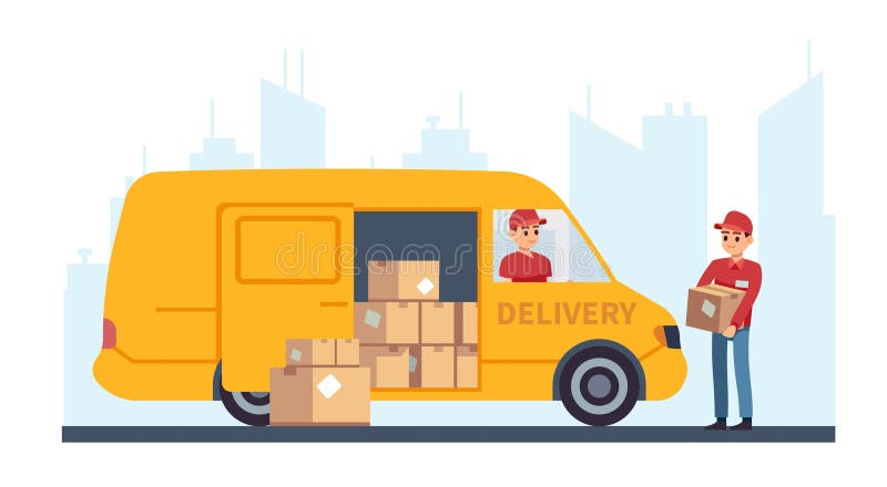 Transportation Logistics, Delivery Worker Unloads Cardboard Boxes from ...