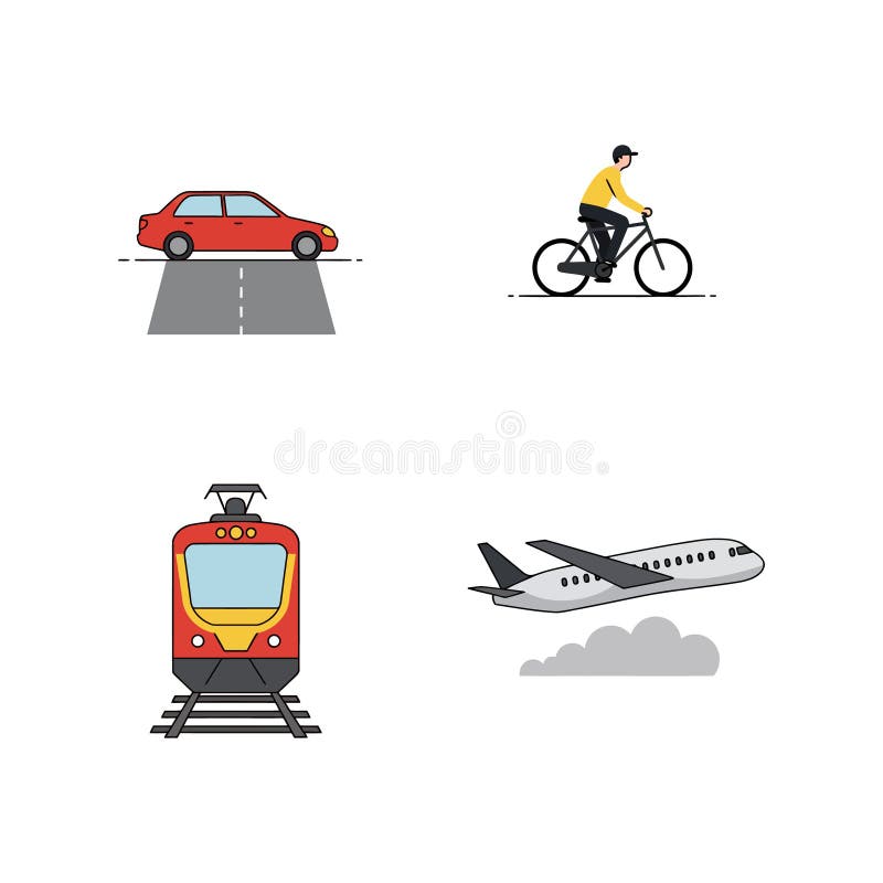 Transportation Modes Including Red Car, Cyclist, Red Train, and ...