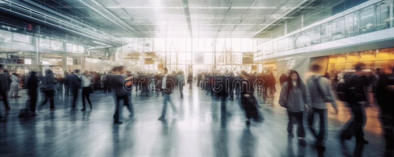 Transportation in Motion Busy Airport Terminal with Rushing Crowds ...