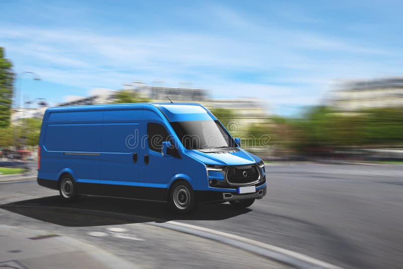 Transportation Service with a Blue Van Moving Fast on the Road Stock ...