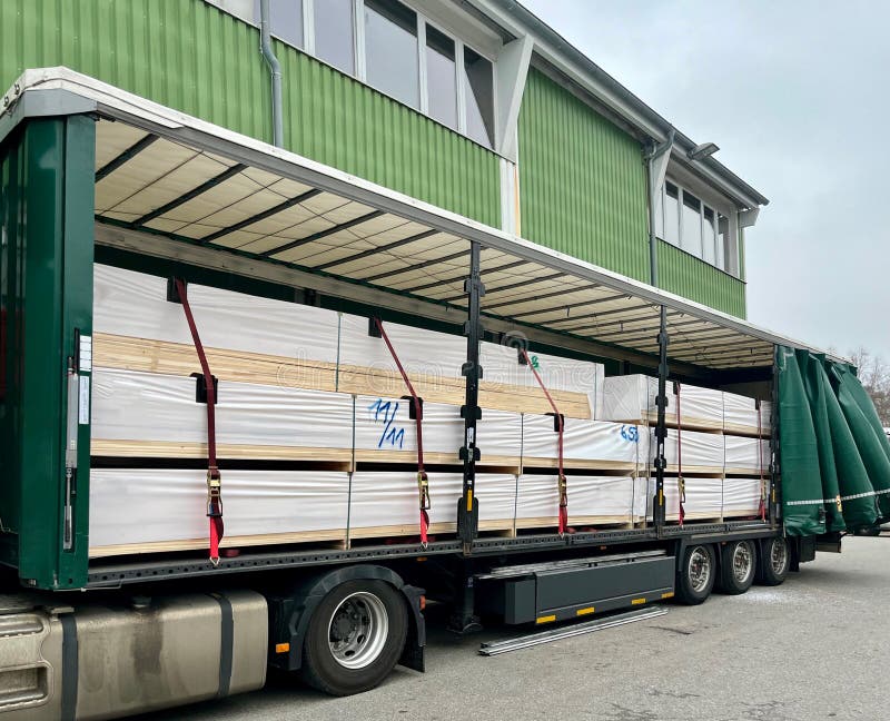 Transporting Boards in a Semi-trailer Truck. Semi-trailer Loaded with ...
