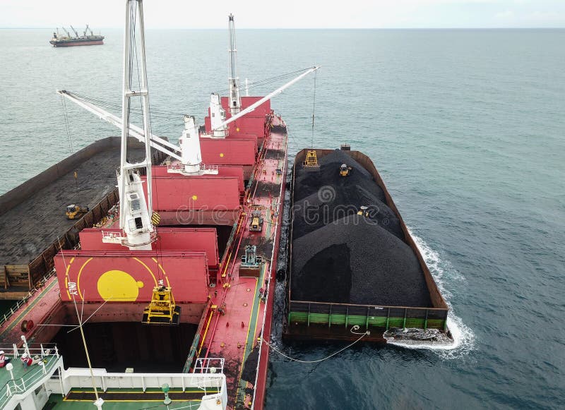 Coal Barge Loading Process On The River Stock Photo - Image of lamp ...