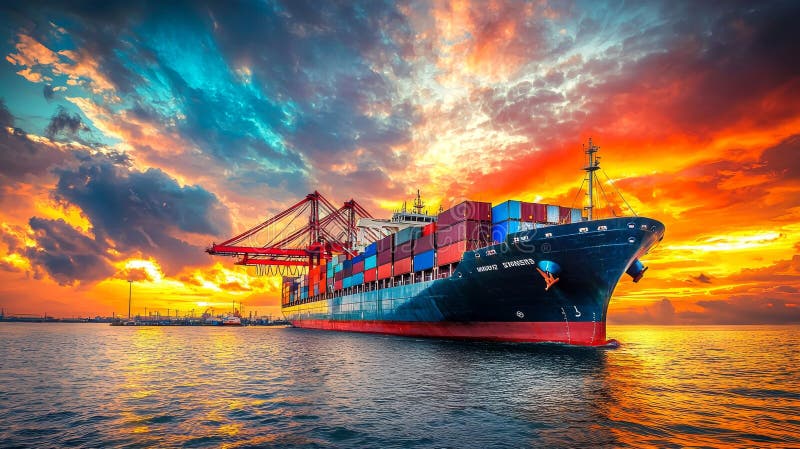 Transporting Goods in a Seaport with a Container Cargo Ship in the ...