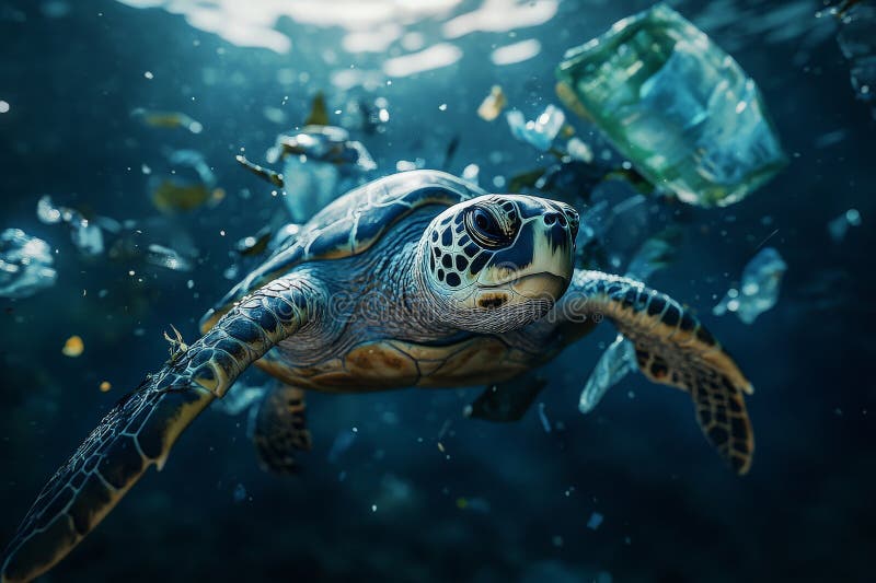 Trapped Sea Turtle in Plastic Waste Stock Illustration - Illustration ...