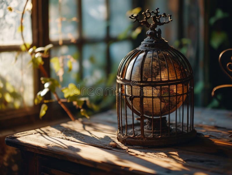 Trapped World - Globe in Birdcage - AI Generated Stock Illustration ...