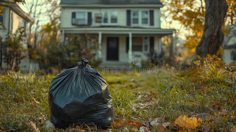 Trash Bag, Black Plastic Garbage Bags Front of House. Rubbish Pollution ...