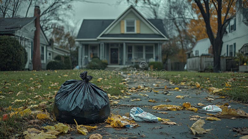 Trash Bag, Black Plastic Garbage Bags Front of House. Rubbish Pollution ...