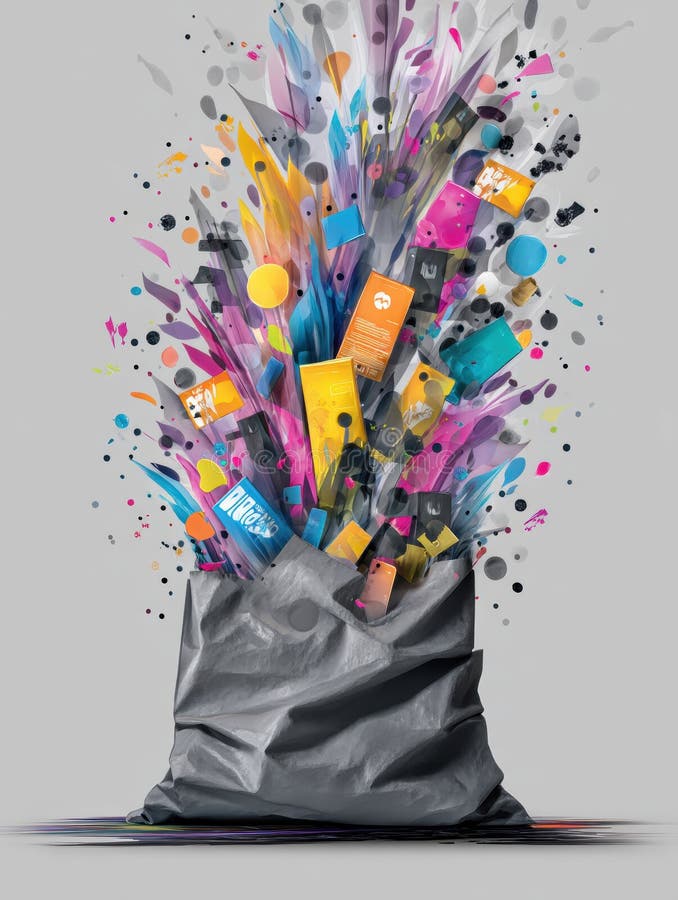 Colorful Explosion of Plastic Items from a Stylized Trash Bag in a ...