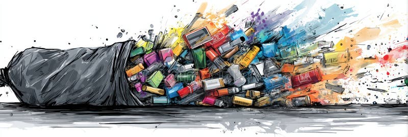 Stylized Trash Bag Bursts Open, Spilling Colorful Plastic Items in a ...