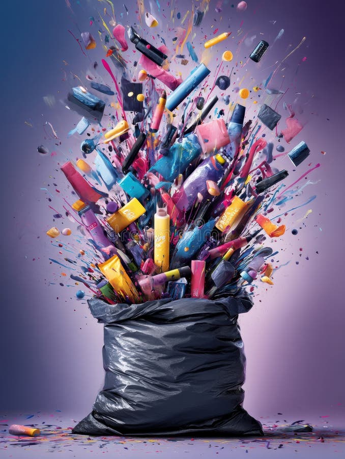 Stylized Trash Bag Bursting with Colorful Plastic Items Creating a ...