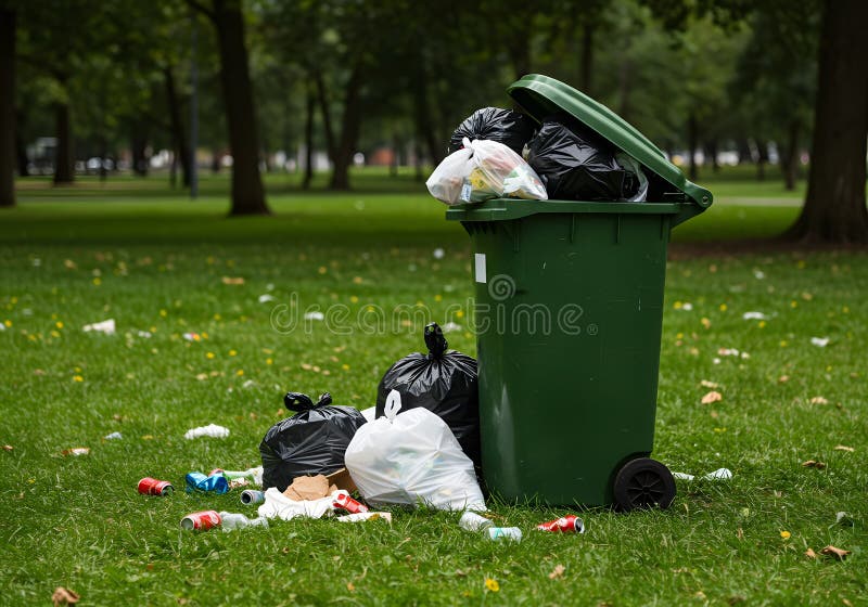 Trash Bags Overflowing from a Public Park Bin, Surrounded by Green ...