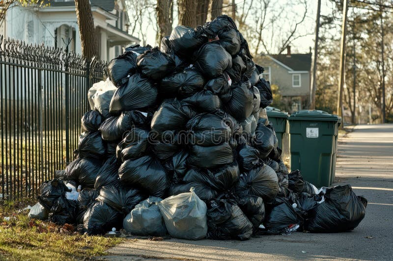 Trash Bags Piled on Sidewalks in a Crowded Urban Area Create Clutter ...