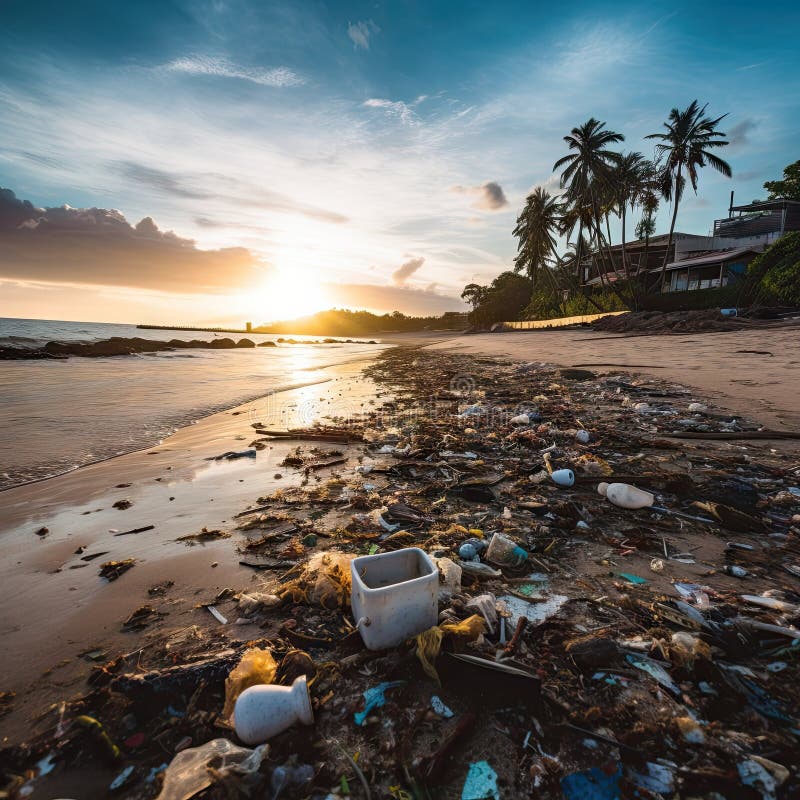 A Beach Covered in Garbage at Sunset Stock Illustration - Illustration ...