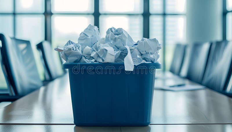 Trash Bin Filled with Crumpled Papers in Empty Conference Room ...