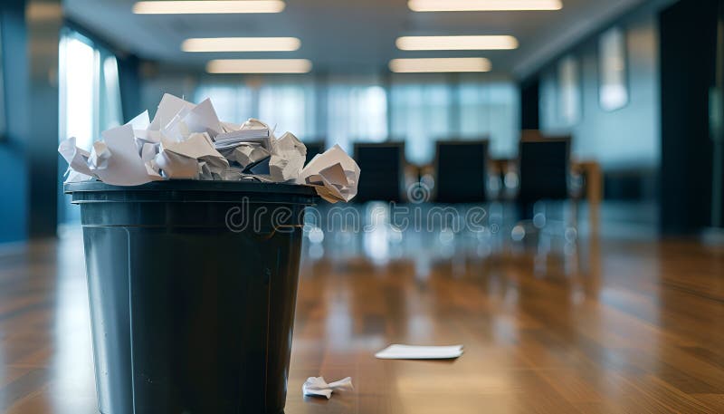 Trash Bin Filled with Crumpled Papers in Empty Conference Room ...