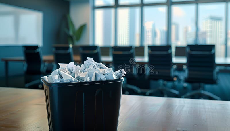 Trash Bin Filled with Crumpled Papers in Empty Conference Room ...