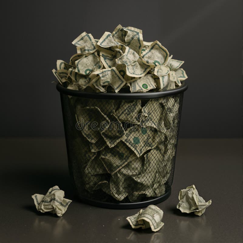 Trash Bin Filled with Money Stock Photo - Image of neutral, light ...