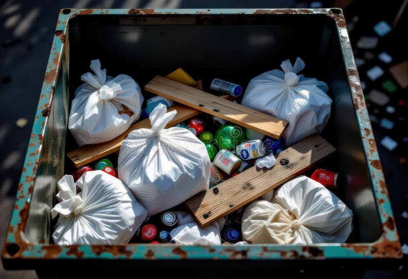 Trash Bin Filled with White Bags and Assorted Waste Materials Stock ...