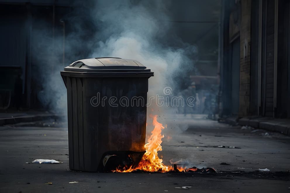 A Trash Bin on Fire As a Concept with Air Pollution Stock Photo - Image ...