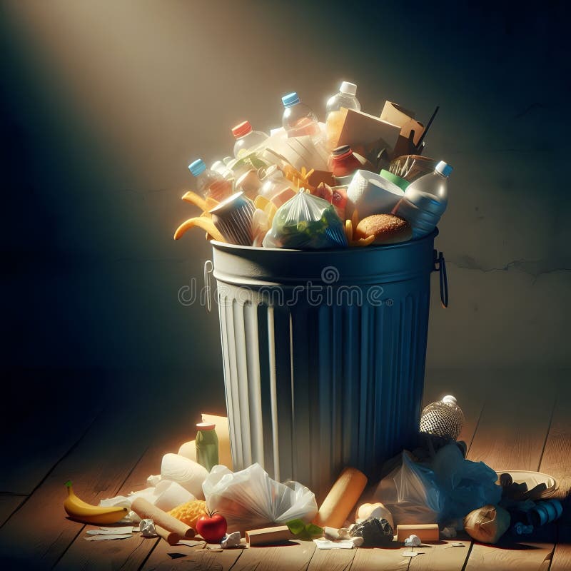 Trash Bin Full of Garbage on Wooden Floor with Copy Space Stock ...