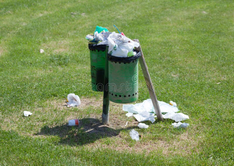 Trash Bin Full in an Outdoor Park Stock Image - Image of grime, full ...