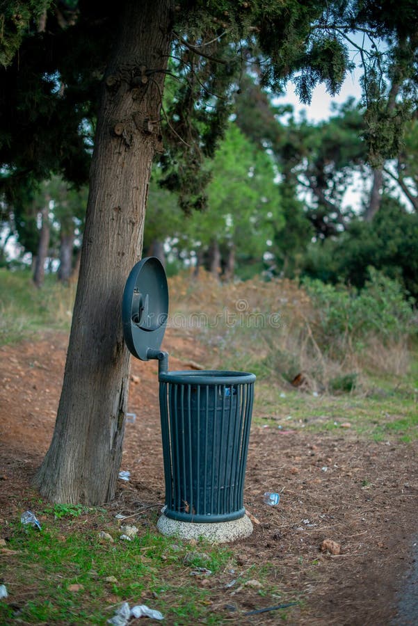 Trash Bin in Natural Setting Stock Photo - Image of plant, metal: 294418446