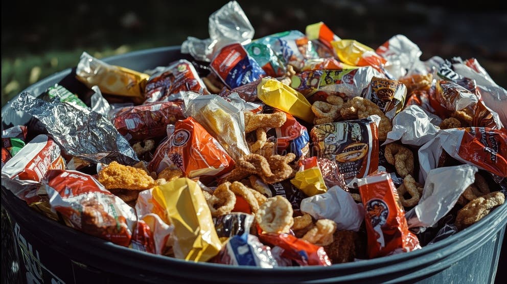 A Trash Bin Overflowing with Various Food Wrappers and Packaging Stock ...
