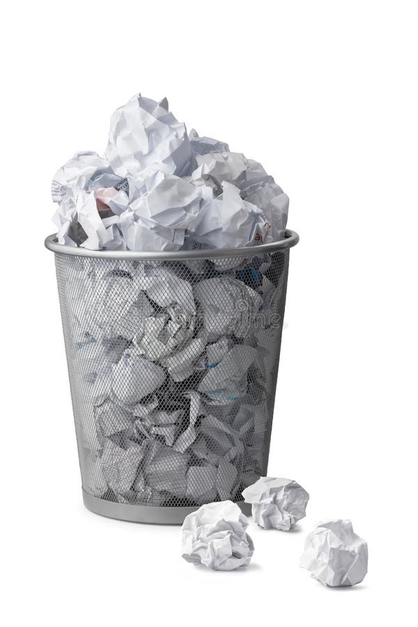 Trash Bin with Paper Waste on White Stock Image - Image of material ...
