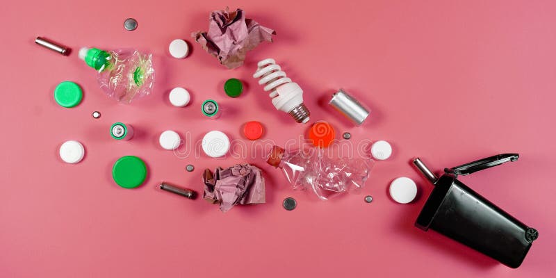 Trash Bins and Assorted Garbage Isolated on Green, Recycle Concept ...