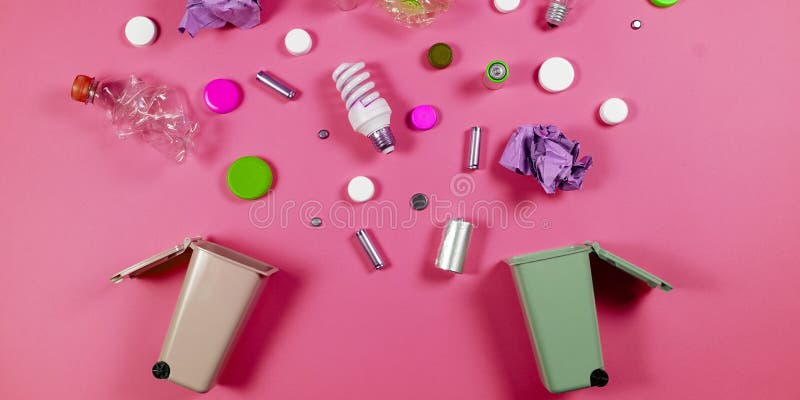 Trash Bins and Assorted Garbage Isolated on Green, Recycle Concept ...