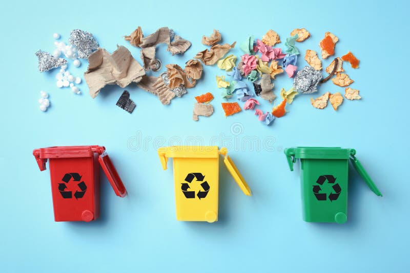 Trash Bin and Different Garbage on Color Background, Top View with ...