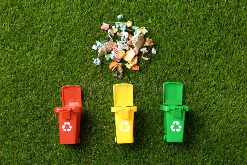 Trash Bins and Different Garbage on Green Grass, Top View. Stock Image ...