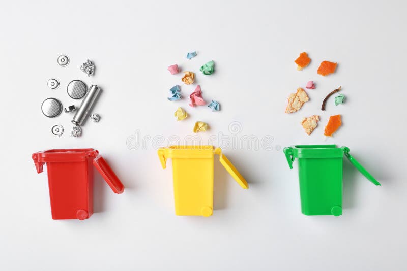 Trash Bins and Different Garbage Isolated on White, Top View. Stock ...