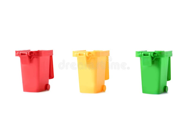 Trash Bins and Different Garbage on White, Top View. Stock Photo ...