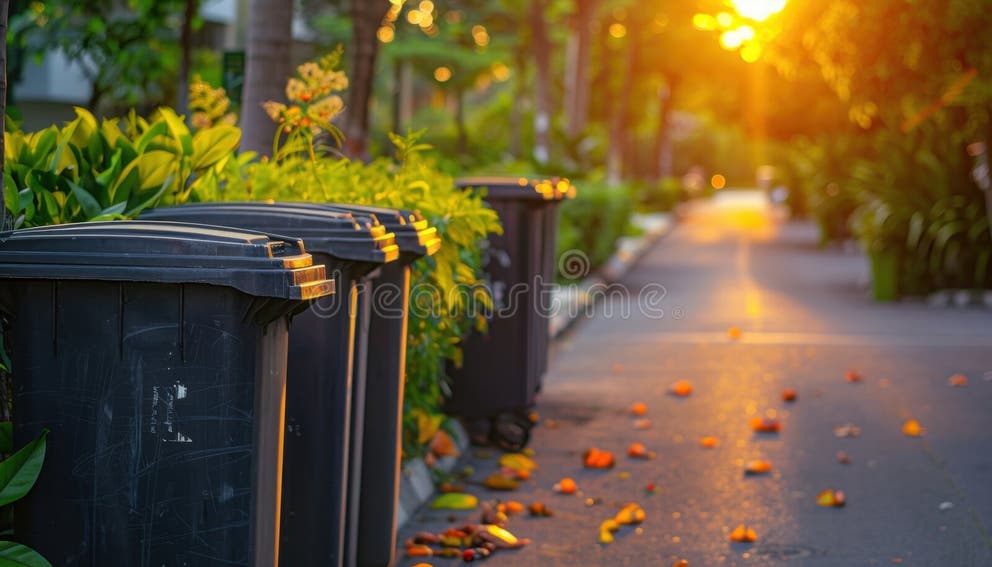 Trash Bins Lined Along a Path As Sunlight Glimmers through Lush ...