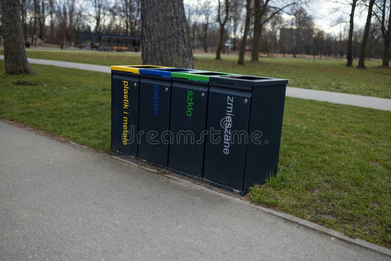 Trash Bins for Recycling in the Park, Different Containers for Waste ...