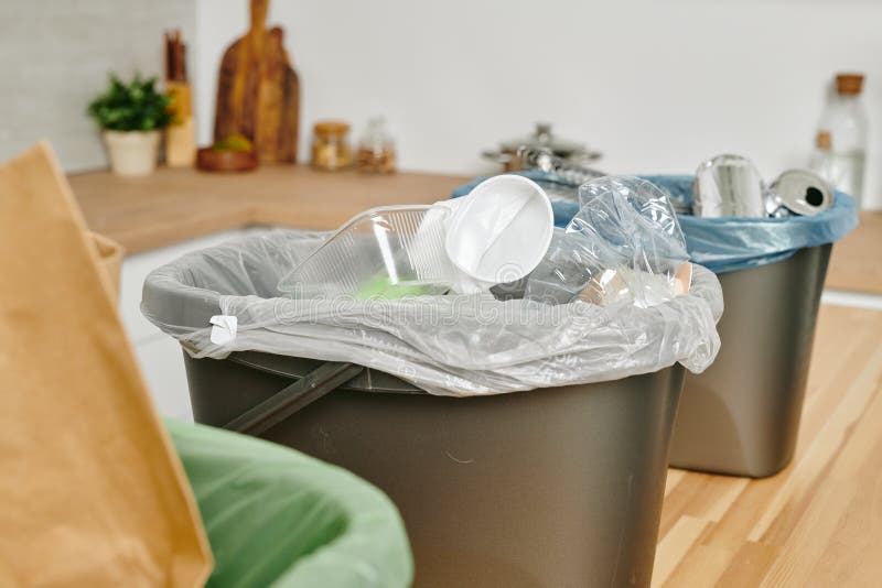 Trash Bins with Used Disposable Kitchenware and Other Waste Stock Image ...