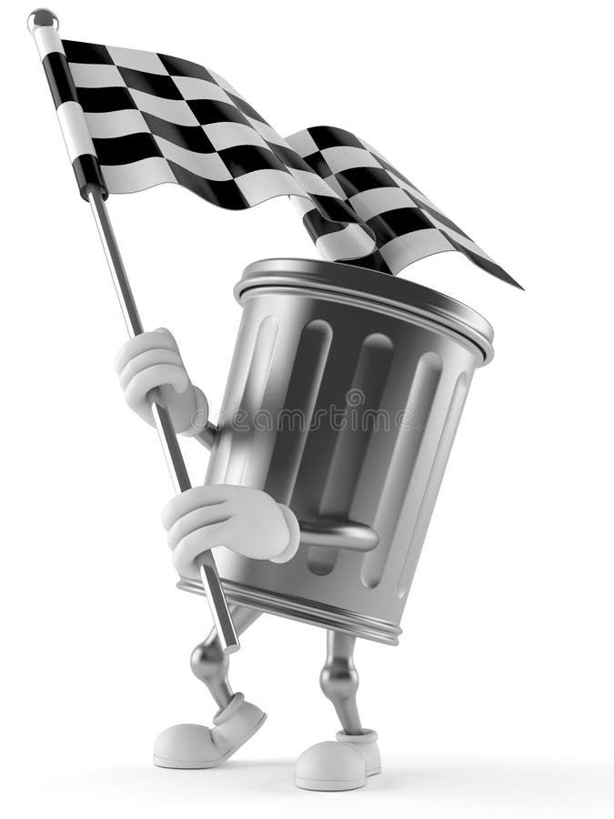 Trash Can Character with Racing Flag Stock Illustration - Illustration ...