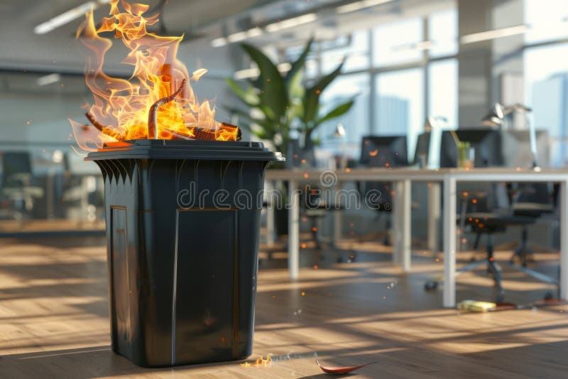 Burning Paper in a Trash Can in a Modern Office Environment. Conceptual ...