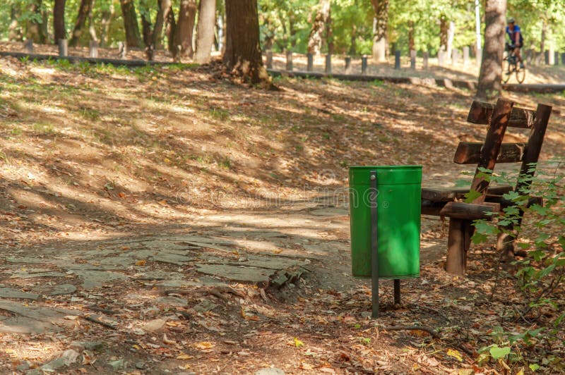 Trash Can in Forest with Pathway for Walking an Running Stock Image ...