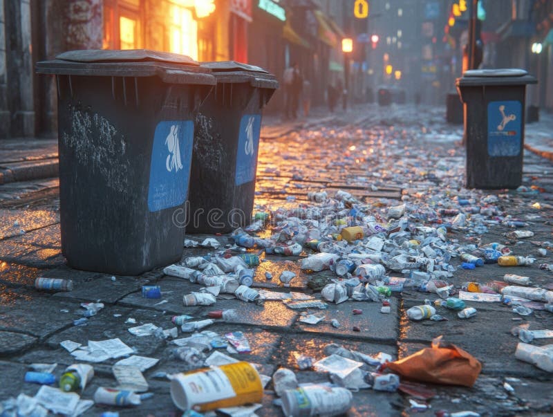 A Trash Can is Full of Garbage and There are Three Trash Cans on the ...