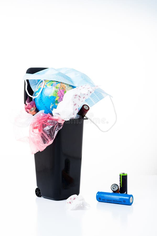 Trash Can with a Globe and Rubbish. Overflowing Trash Can Stock Photo ...