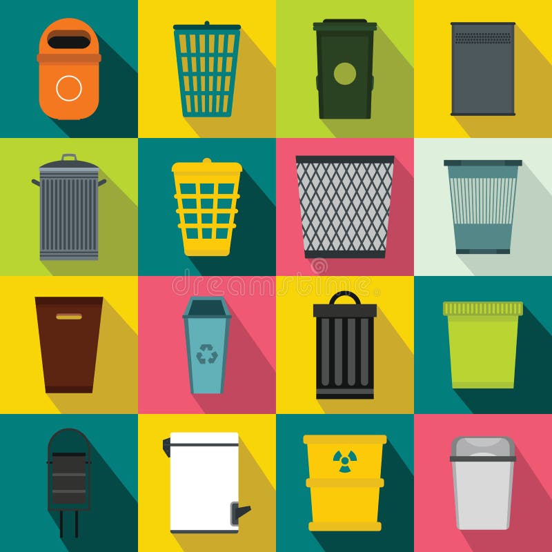 Trash Can Icons Set, Flat Style Stock Vector - Illustration of disposal ...